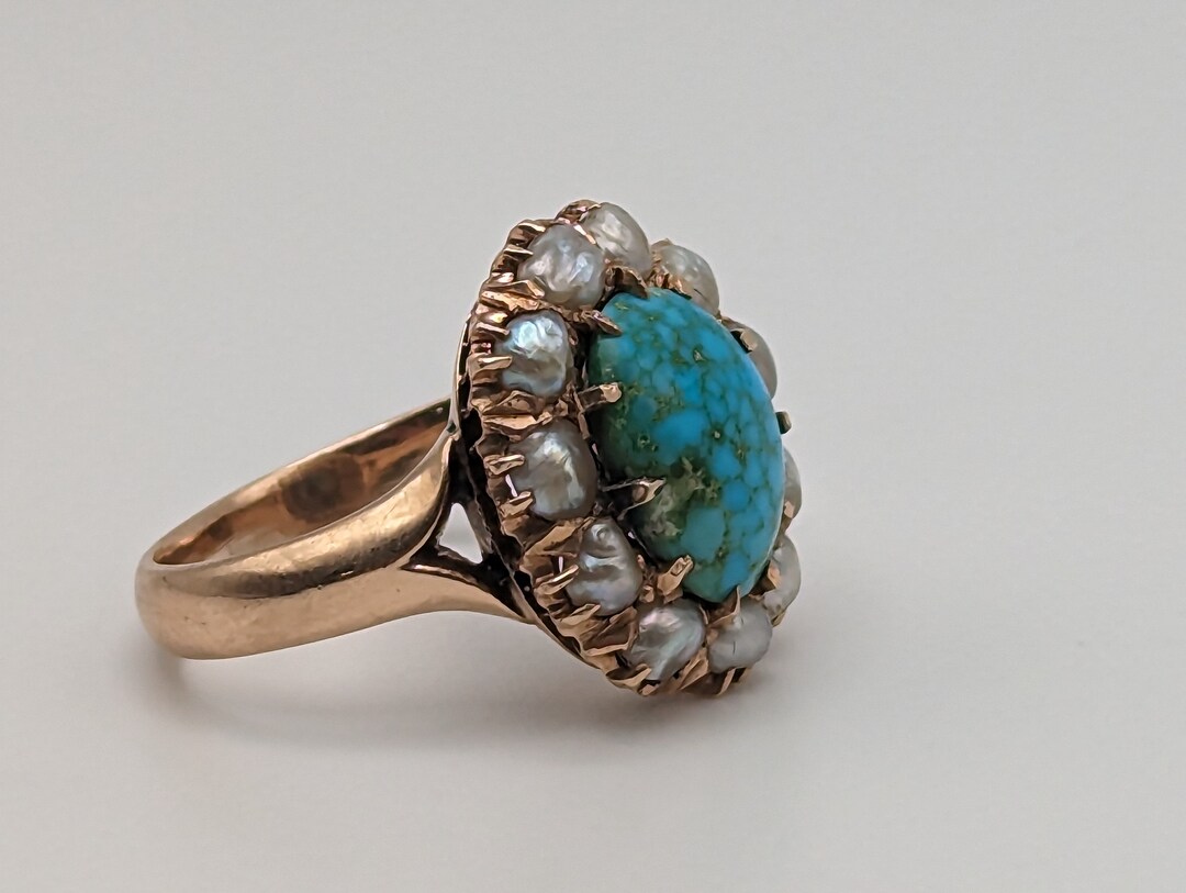 Antique 10k Turquoise Rose Gold Halo Blister Pearls Ring. Turquoise ...
