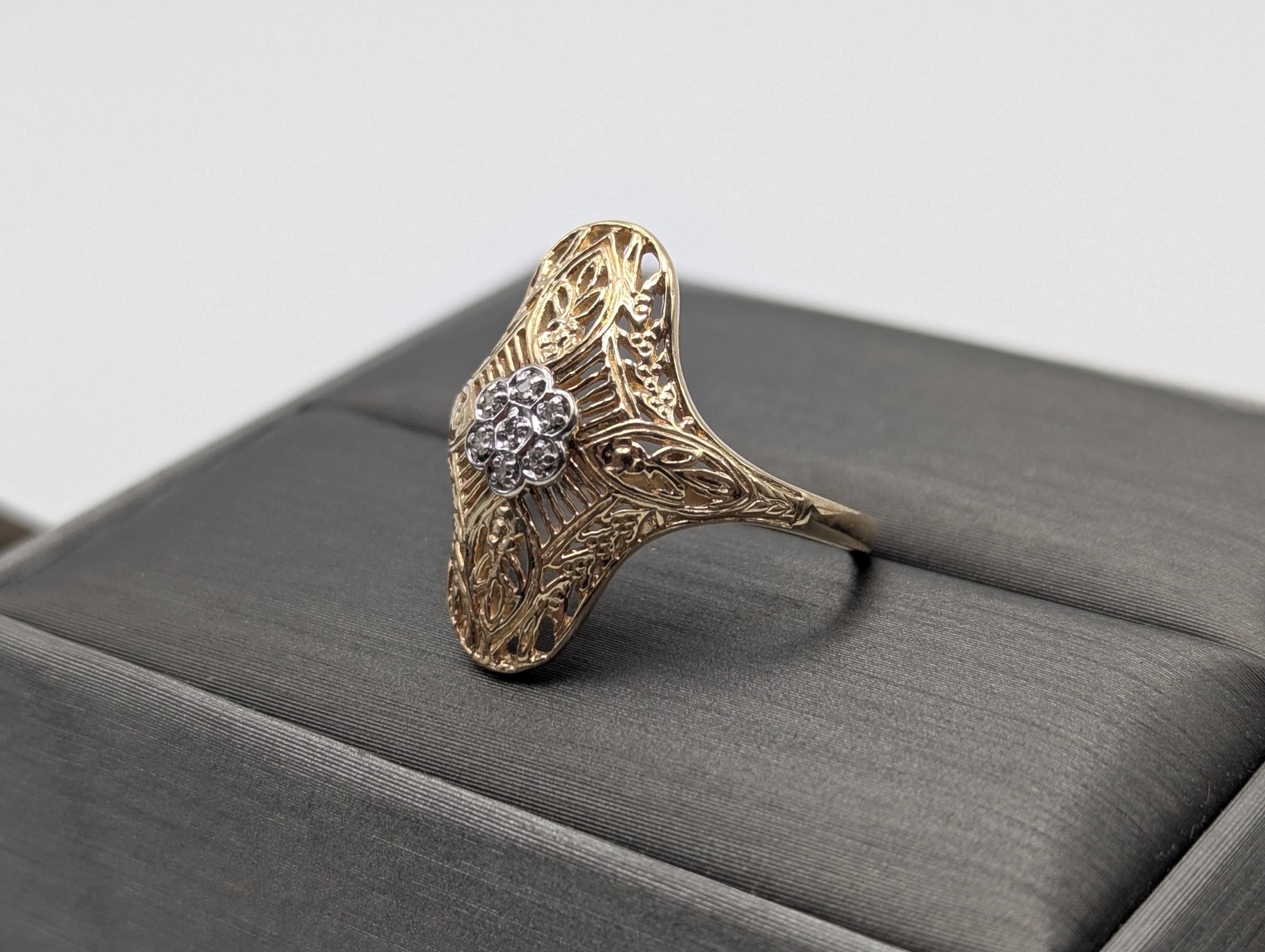 14k Yellow Gold Diamond Filigree Shield Ring Wedding Handmade Diamond ...