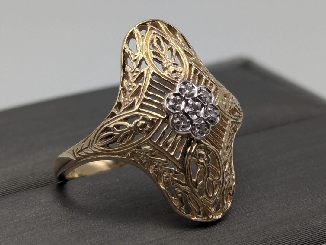 14k Yellow Gold Diamond Filigree Shield Ring Wedding Handmade Diamond ...