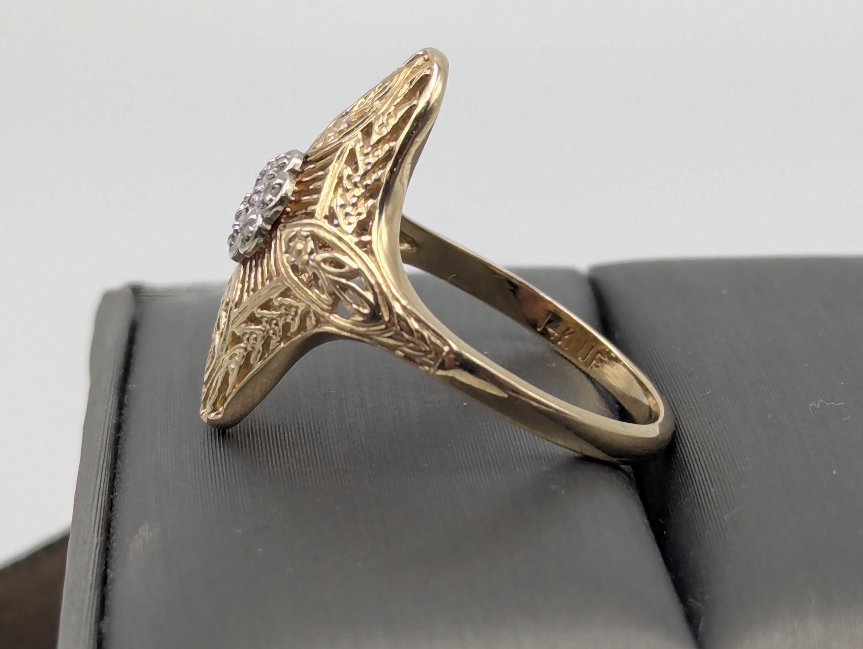 14k Yellow Gold Diamond Filigree Shield Ring Wedding Handmade Diamond ...
