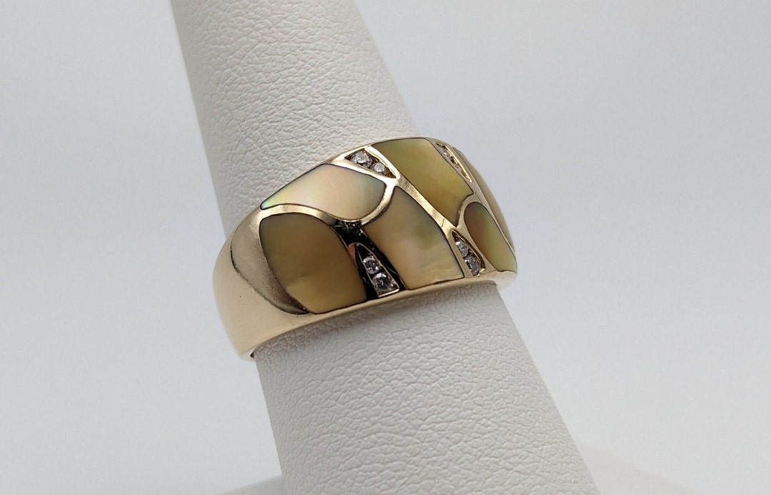 Designer ASH 14k Gold Mother of Pearl Inlays Diamond Ring 7.4gr Half ...
