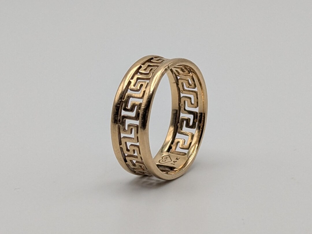 14k Yellow Gold Greek Key Design Ring Wedding Cigar Wide Band - Etsy