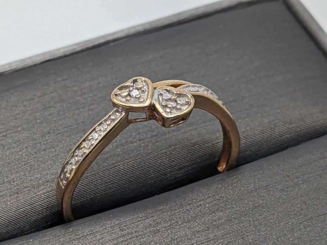 14k Yellow Gold Diamond Hearts Ring Two Hearts Promise Ring Heart ...