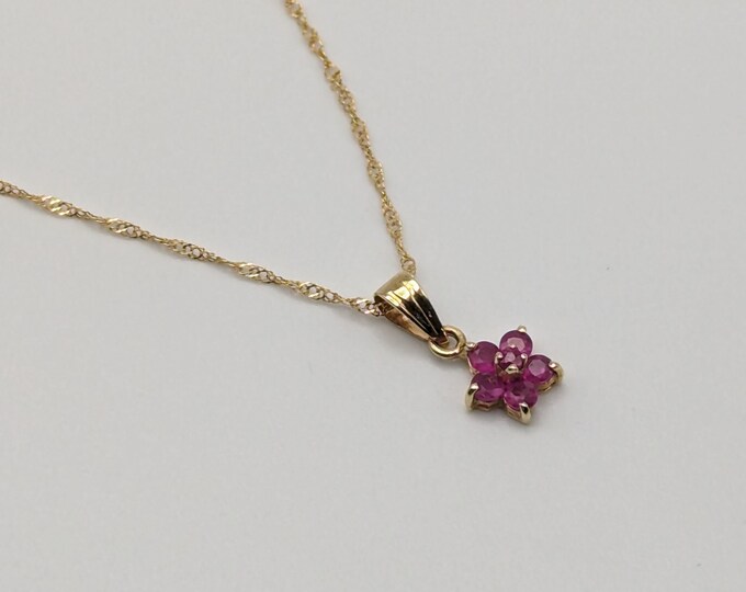 10k Solid Gold Flower Necklace Pendant. 10k Gold Chain With Ruby Flower ...