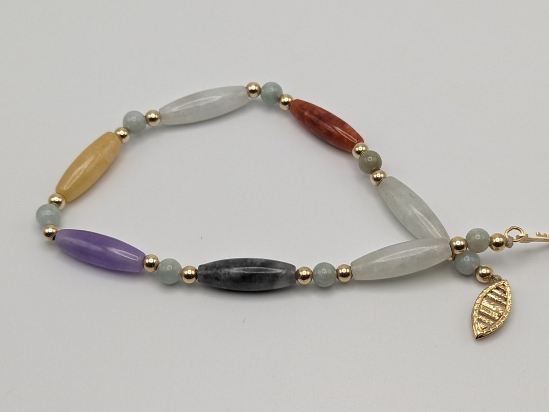 14K Gold Bead Multi Color Jade Jadite Tube Bead Bracelet. Tube Cylinder ...