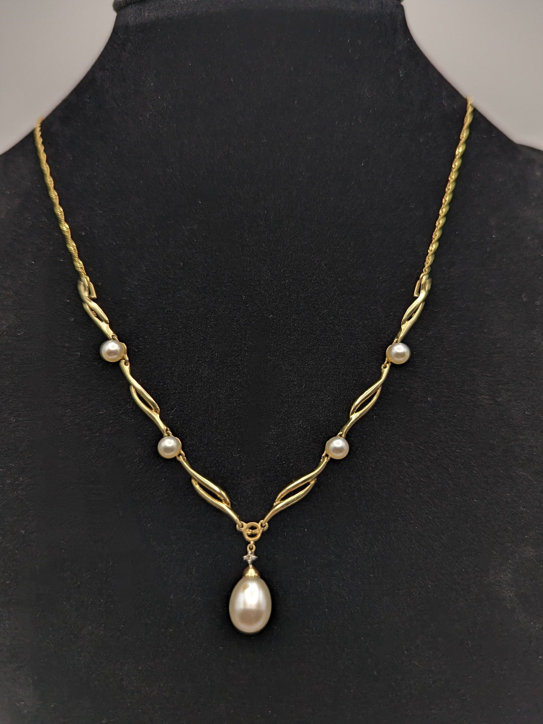 10k Gold Diamond Pearl Drop Lavalier Necklace Womens Pearl Diamond ...