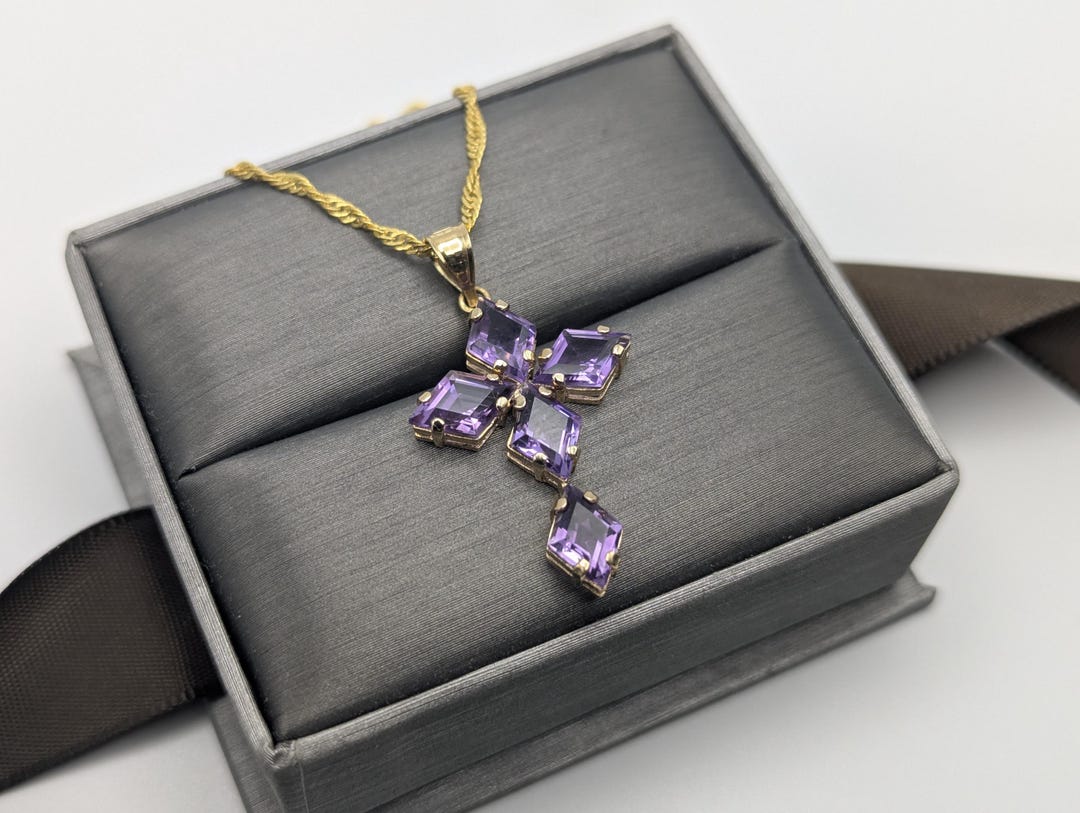 14k Yellow Gold Large Cross Amethyst Pendant Necklace + Compliment GF ...