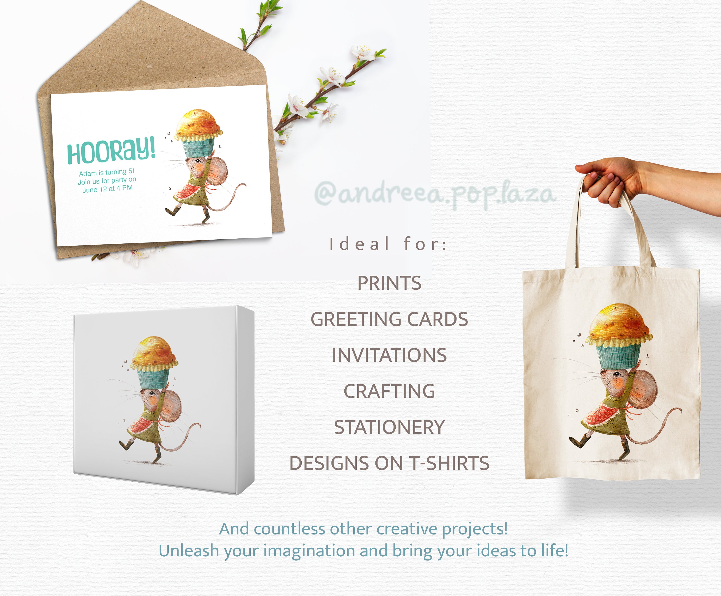 Mouse and Muffin Illustration: Hand Painted Illustration/ Cute Mouse ...