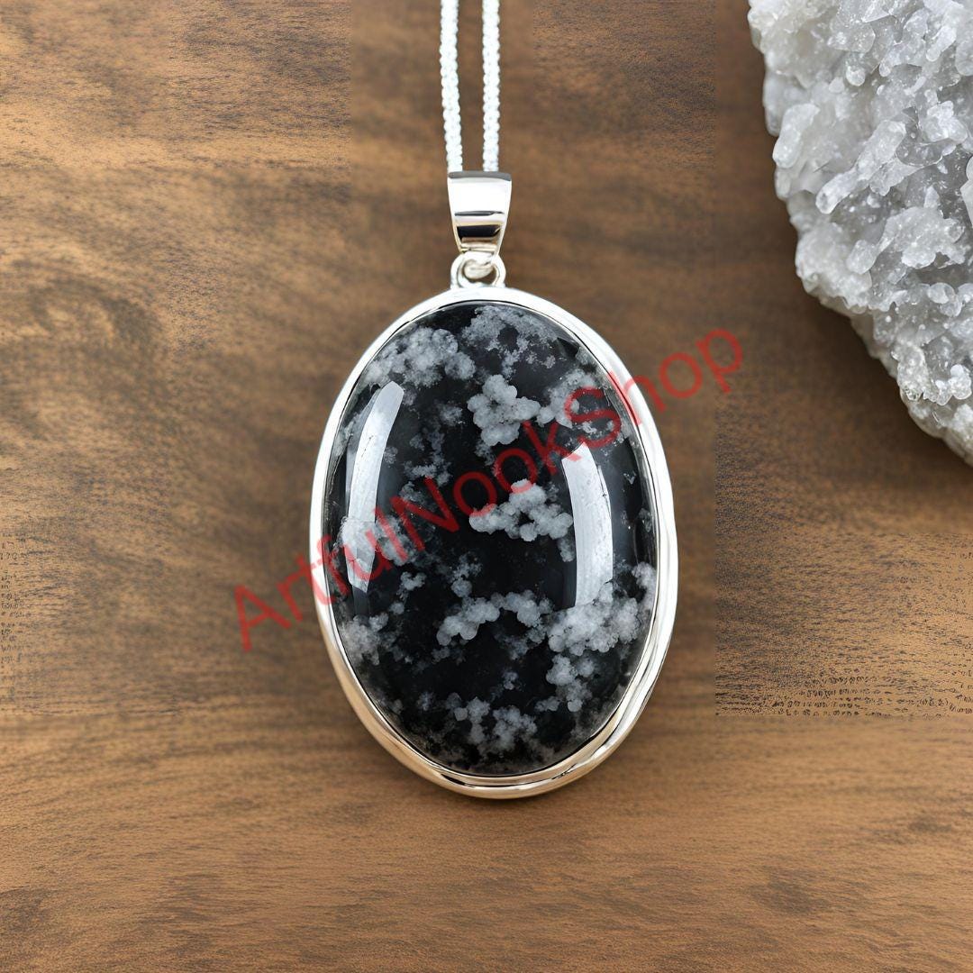 Large Oval Snowflake Obsidian Pendant, 925 Sterling Silver Pendant ...