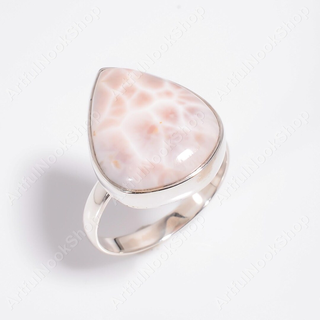 Pink Larimar Stone Ring, Natural Natrolite Gemstone Ring, 925 Sterling ...