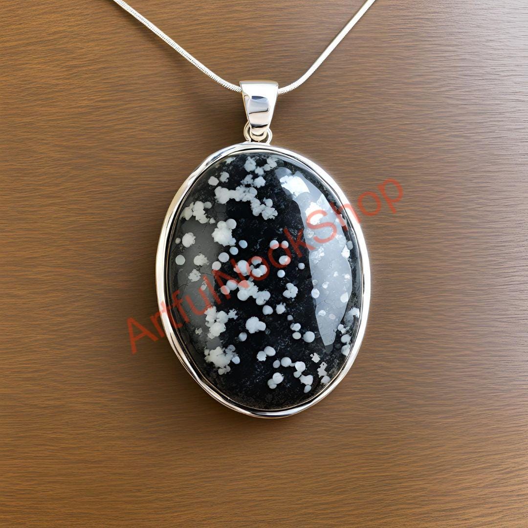 Large Oval Black Obsidian Pendant, Black Stone Pendant, 925 Sterling ...