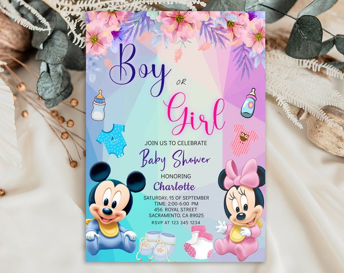 Editable Mickey Mouse Gender Reveal Invitation Gender Neutral Mickey or ...