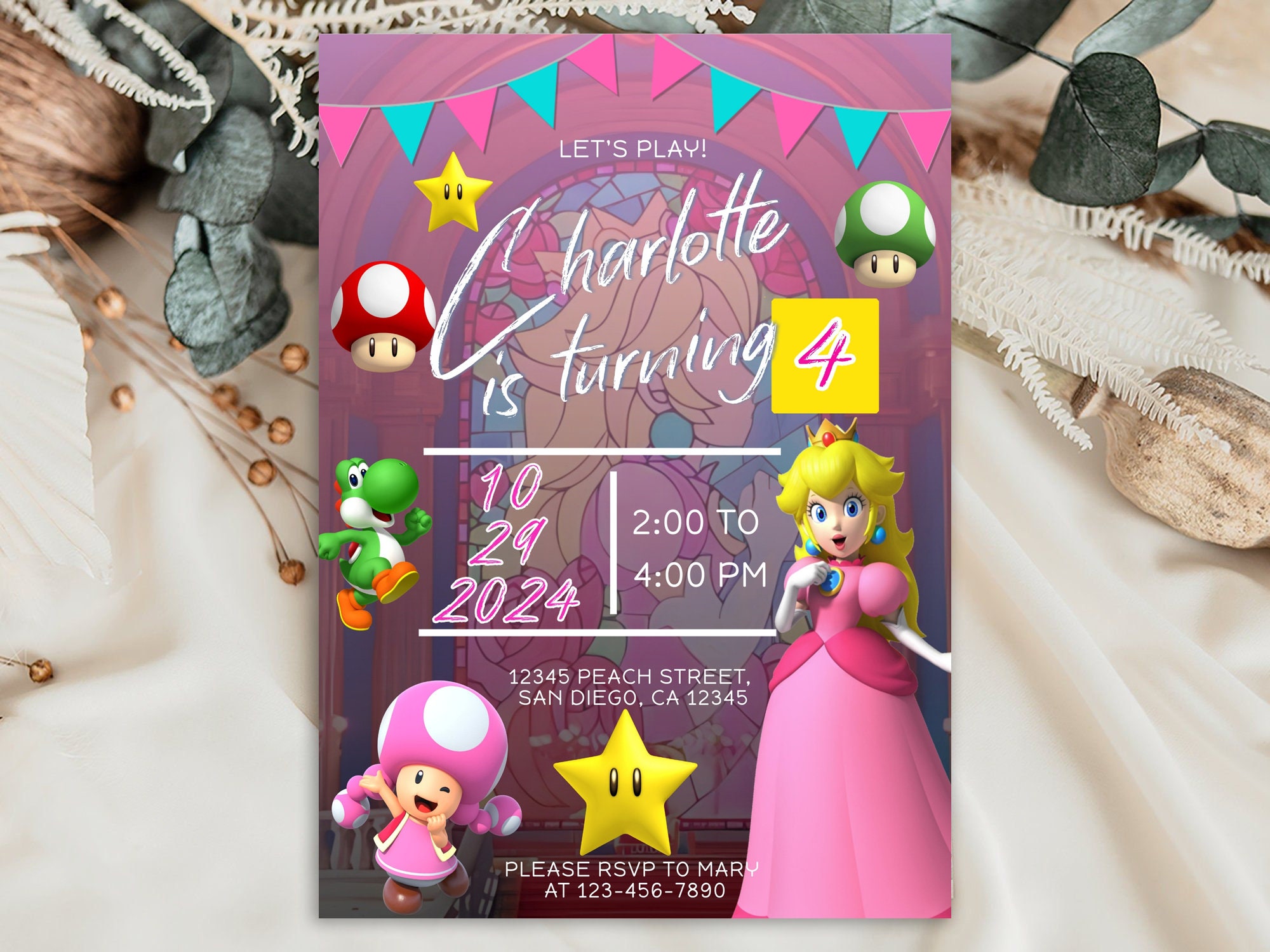 Invitación de cumpleaños de la Princesa Peach: Invitación editable para ...