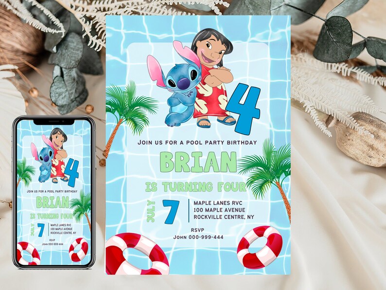 Stitch Pool Party Birthday Invitation Template, Printable Birthday ...