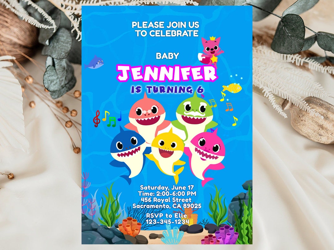 Baby Shark Birthday Invitations, Baby Shark, Pink and Ombre Baby Shark ...