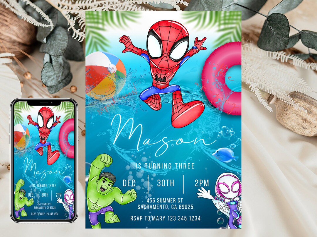 Pool Party Ghost Hulk Spidey Birthday Invitation Girl Spidey and His ...