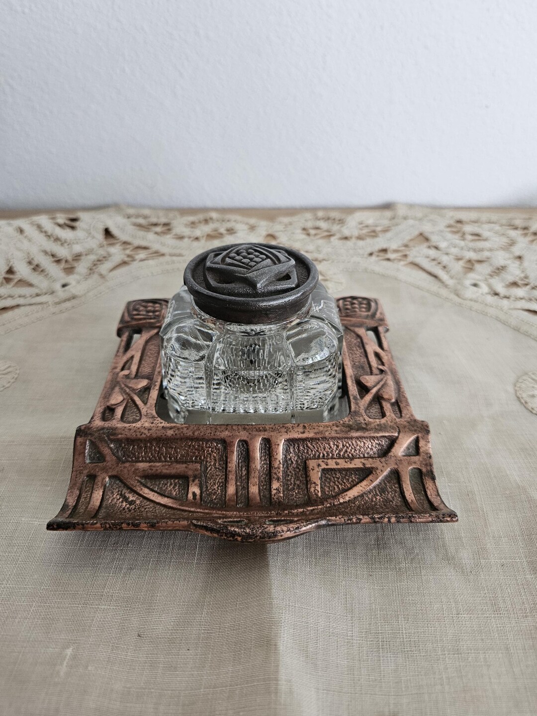 Antique Copper & Cut Glass Inkwell and Pen Holder, Vintage Inkwell With ...