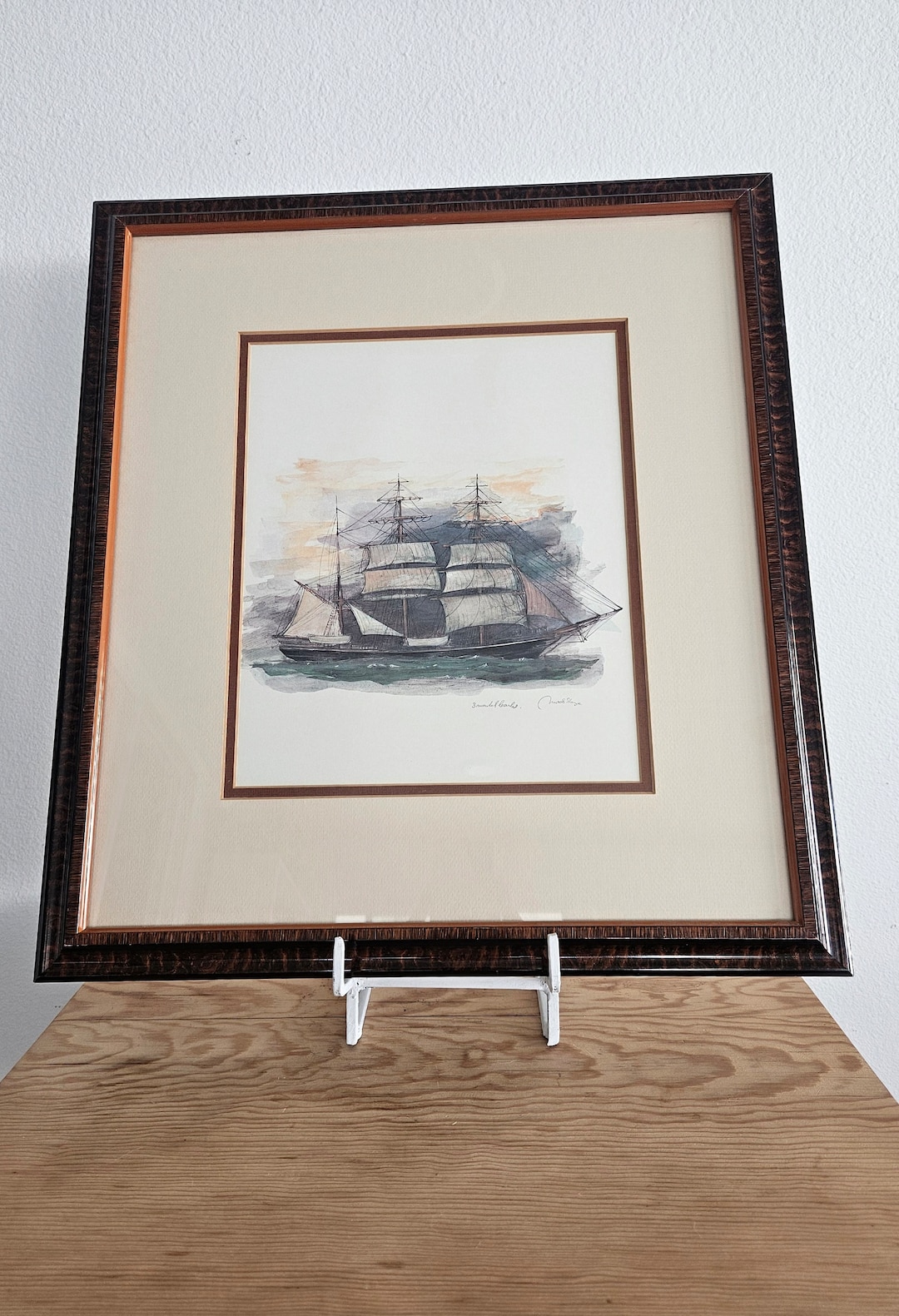 Artist Mads Stage Signed Vintage Lithograph, 3 Mast Ship Framed and ...