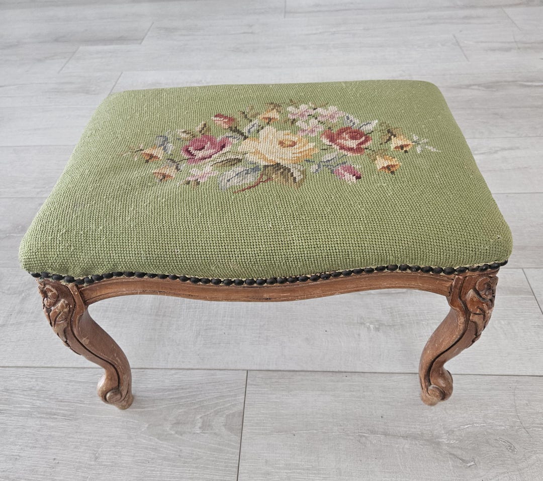 Antique, Handmade Needlepoint Floral Upholstered Footstool, Vintage ...