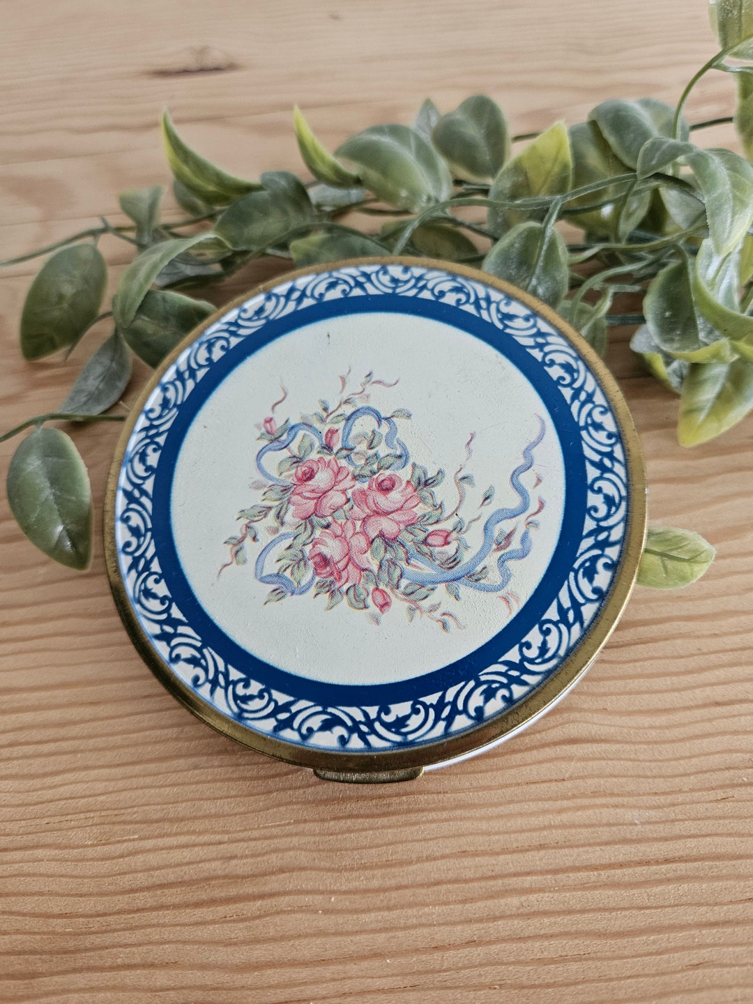 Large Antique Powder Box/compact With Mirror, Hinged Lid, and Powder ...