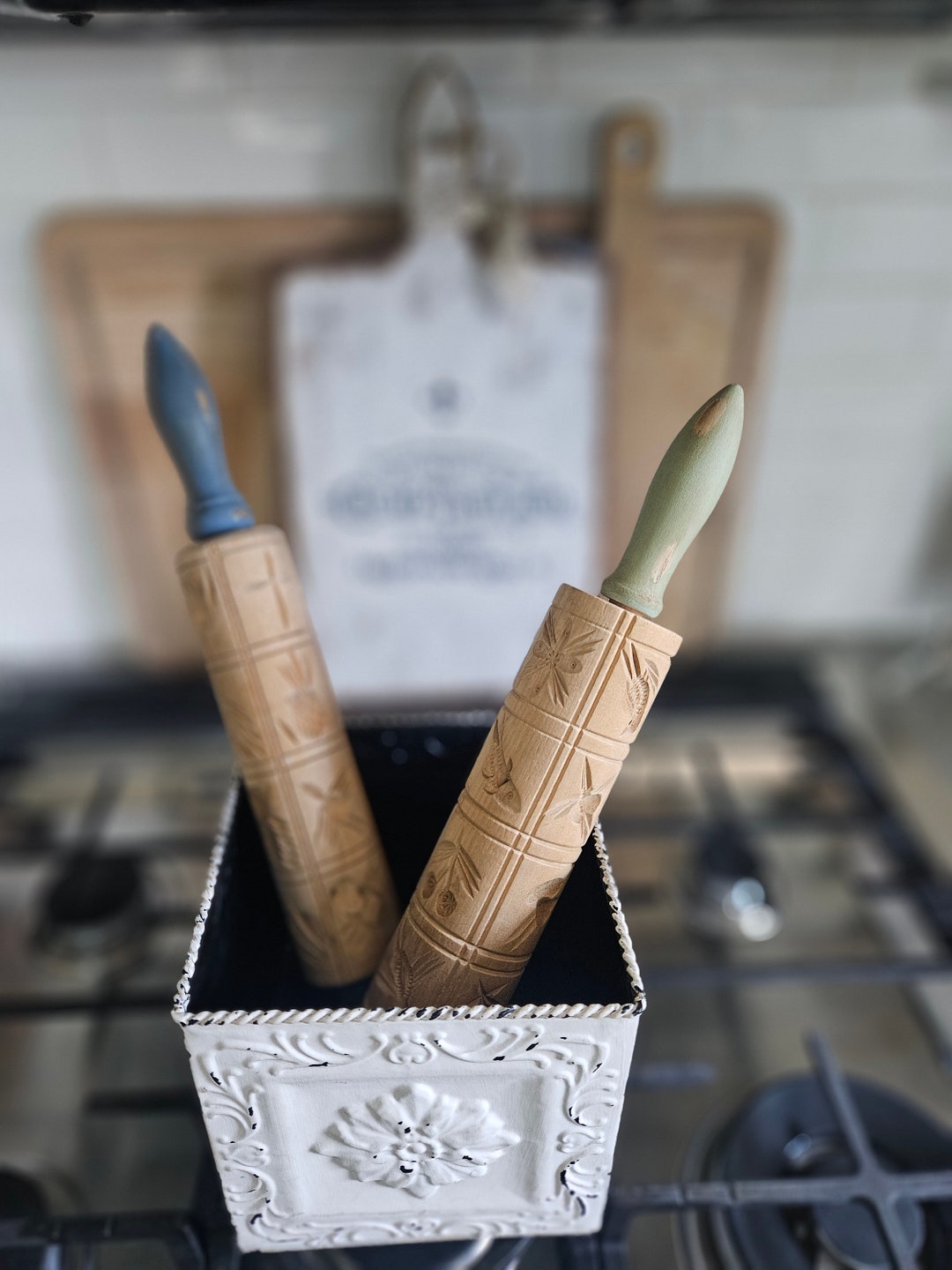 Vintage Wooden Embossed Rolling Pins, Pasta Cookware, Pastry Utensil's ...