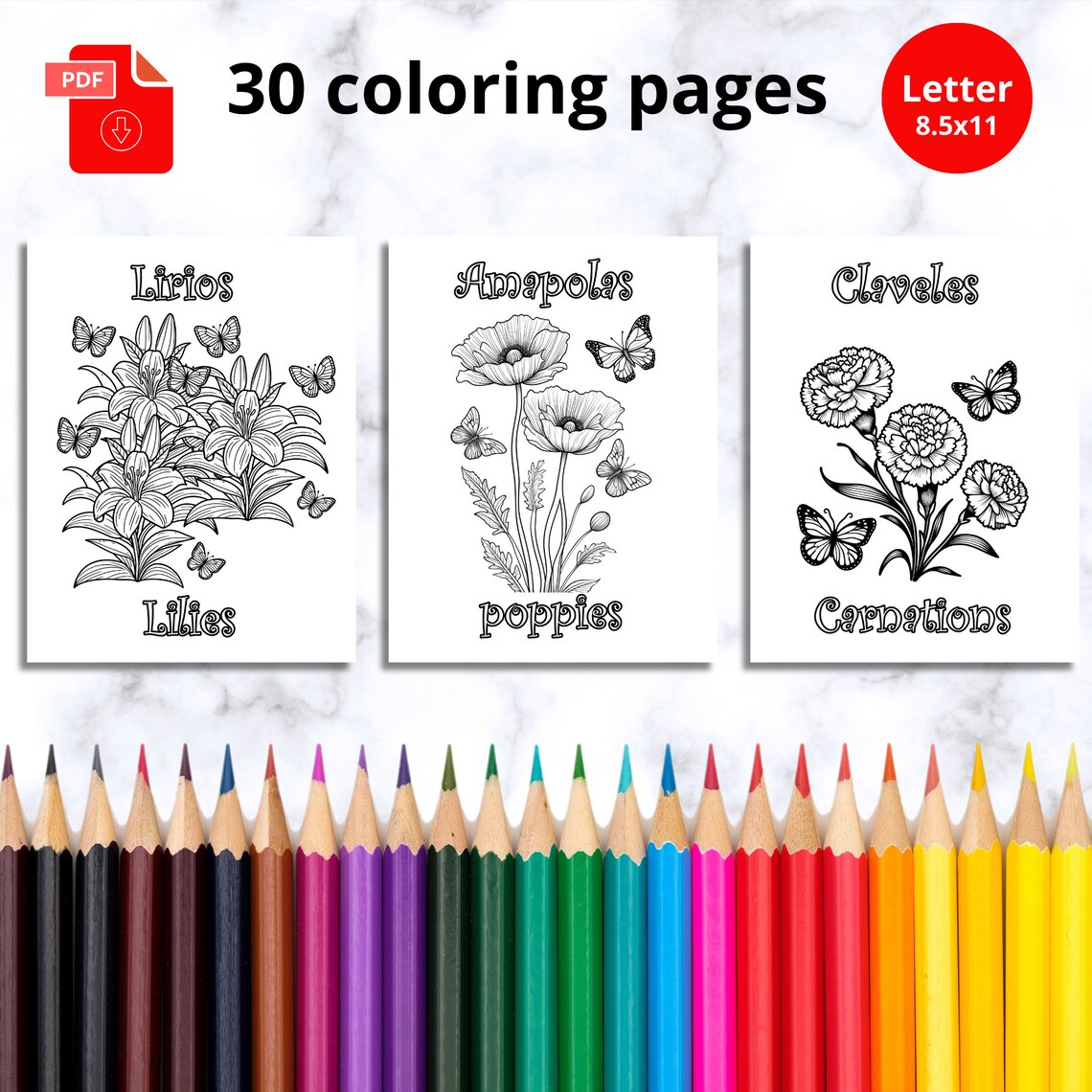 30 Flower Coloring Pages With Bilingual Names. Printable Coloring Book ...