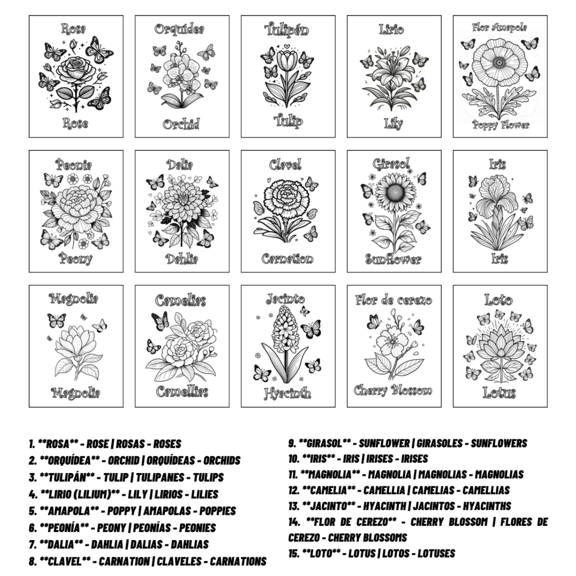 30 Flower Coloring Pages With Bilingual Names. Printable Coloring Book ...