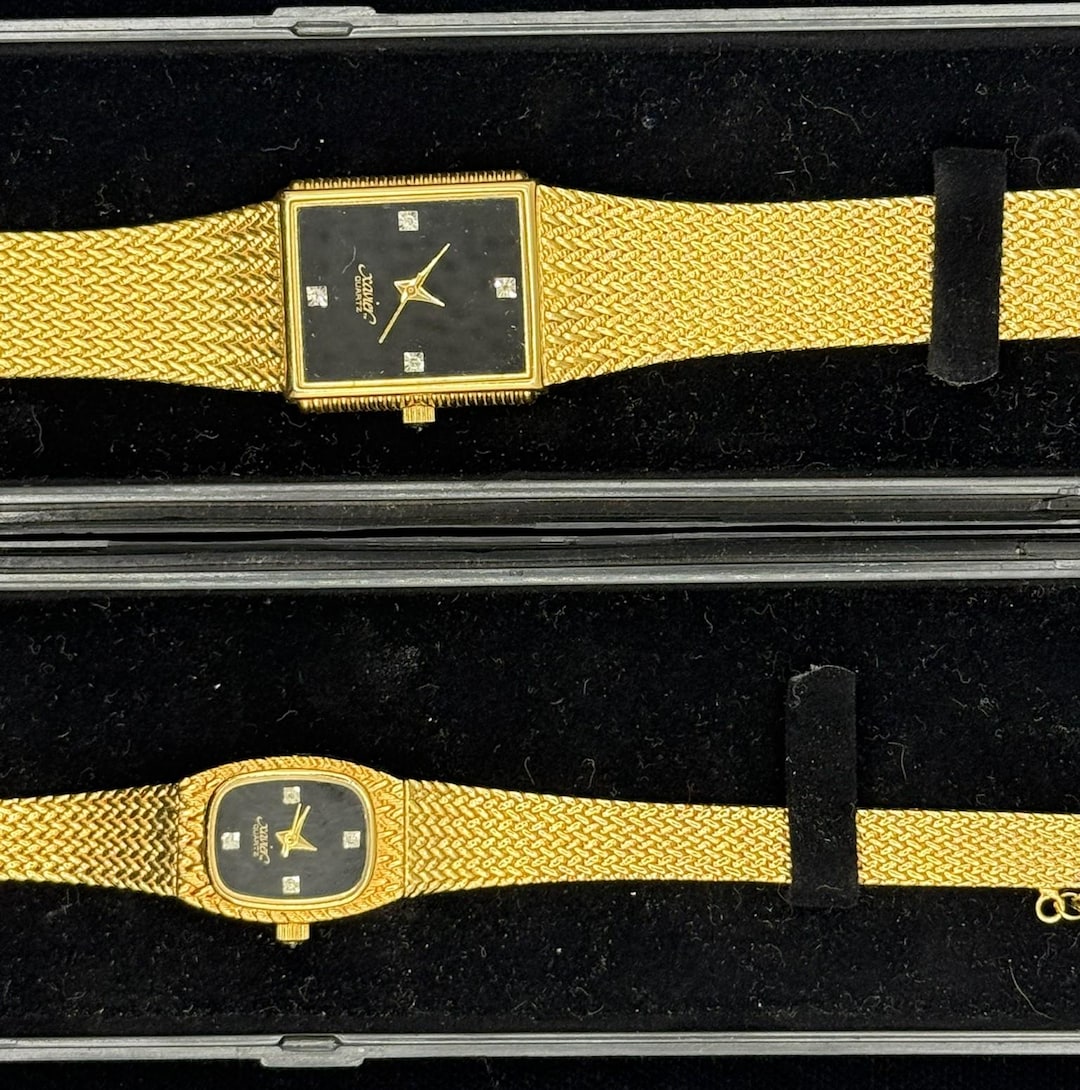 Vintage Xavier Matching Watch Pair: Goldtone Diamond Dial, 90s Quartz ...