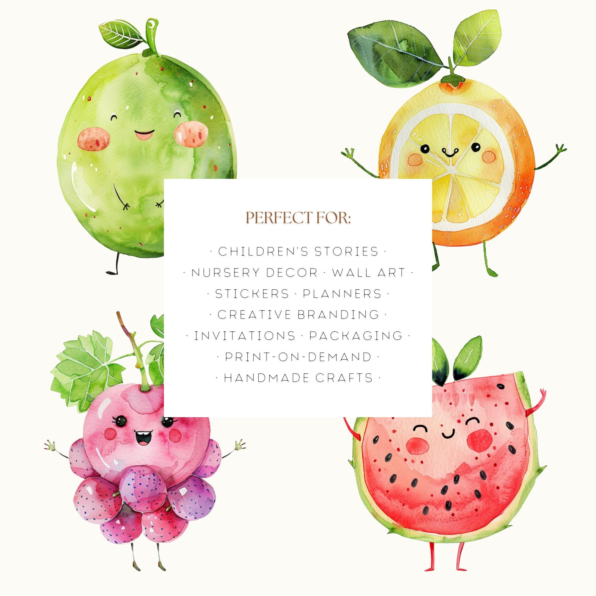 Cute Kawaii Fruits Clipart, Watercolor Happy Fruits PNG, Summer Fruit ...
