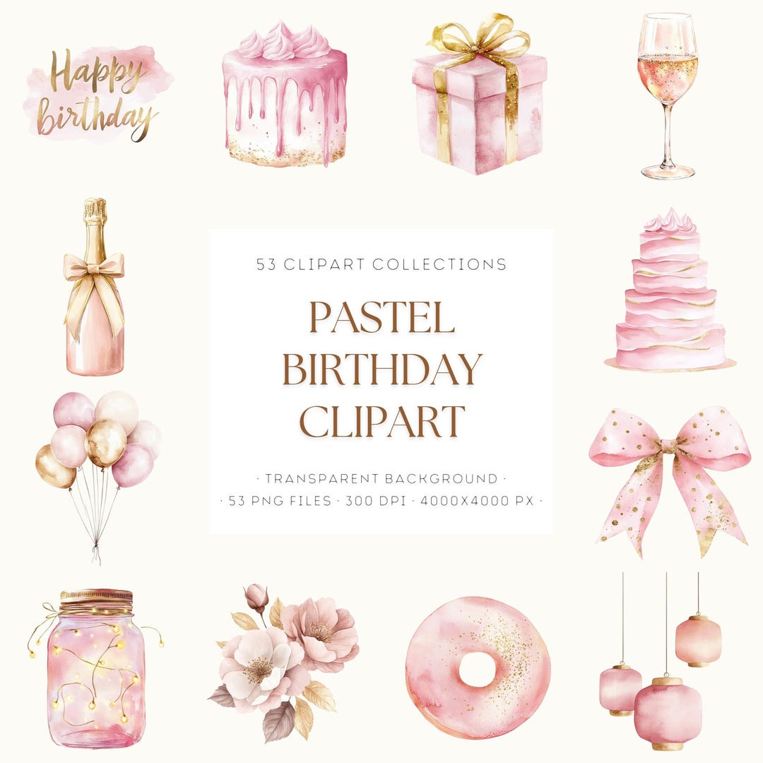 Pastel Birthday Clipart, Elegant Boho Birthday, Watercolor Celebration ...