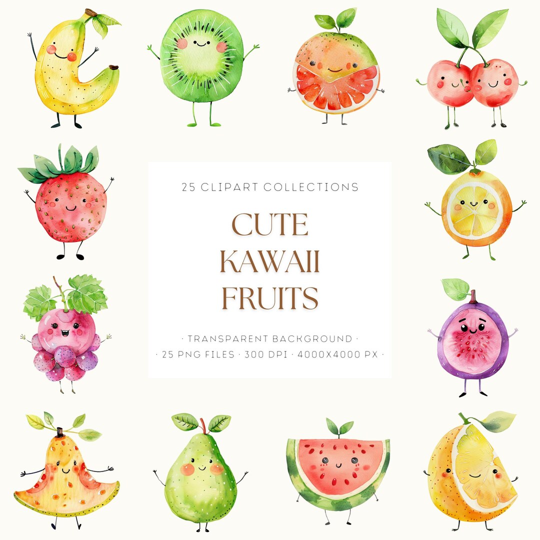 Cute Kawaii Fruits Clipart, Watercolor Happy Fruits PNG, Summer Fruit ...