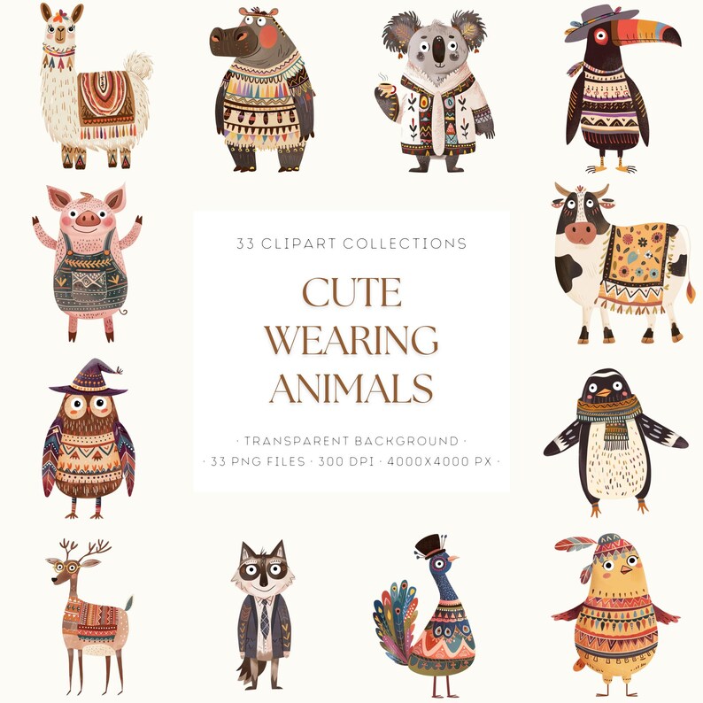 Cute Wearing Animals Clipart, Boho Animal Illustrations, Hand Drawn ...