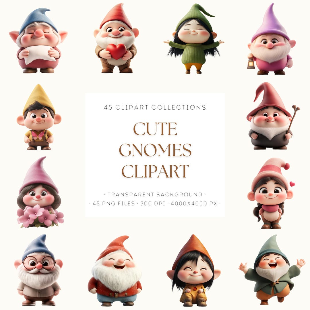 Cute Gnomes Clipart, Adorable Fantasy Gnomes, Whimsical Garden Gnomes ...
