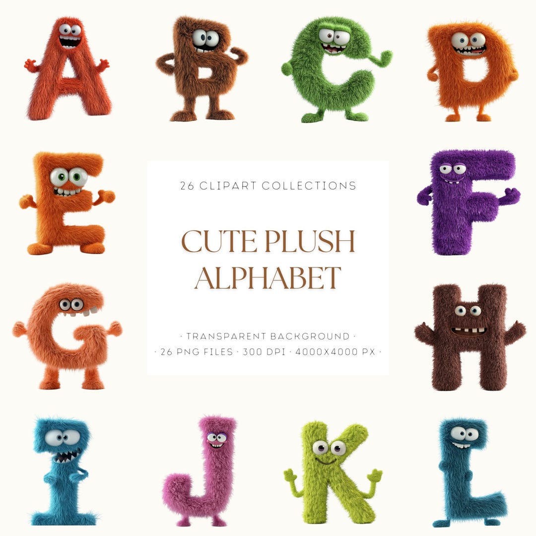 Cute Plush Alphabet, Furry Monster Letter PNG, Soft Plush Letters for ...