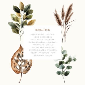 Boho Greenery Clipart, Watercolor Leaves PNG, Rustic Botanical Elements ...