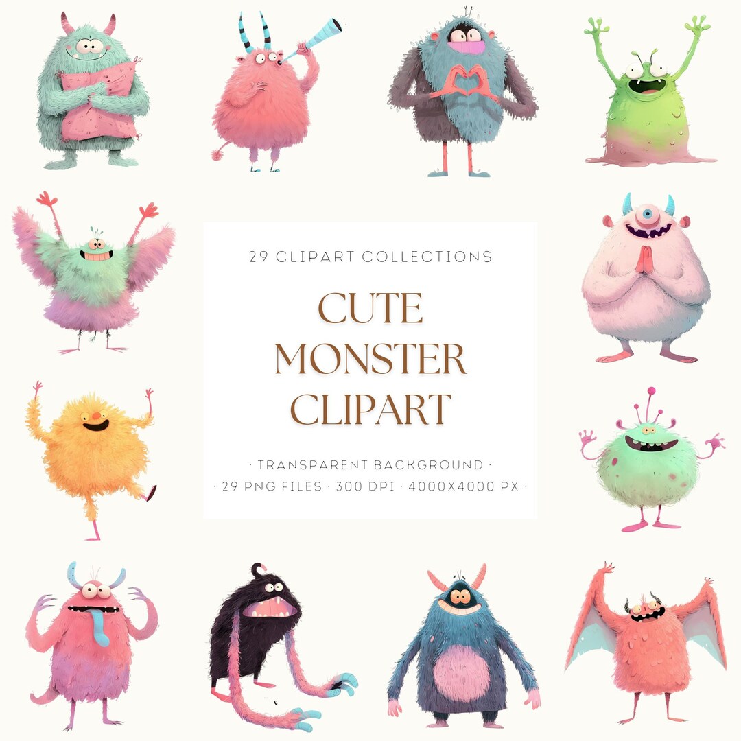 Cute Monsters Clipart, Funny Monster PNG, Hand Drawn Furry Creatures ...