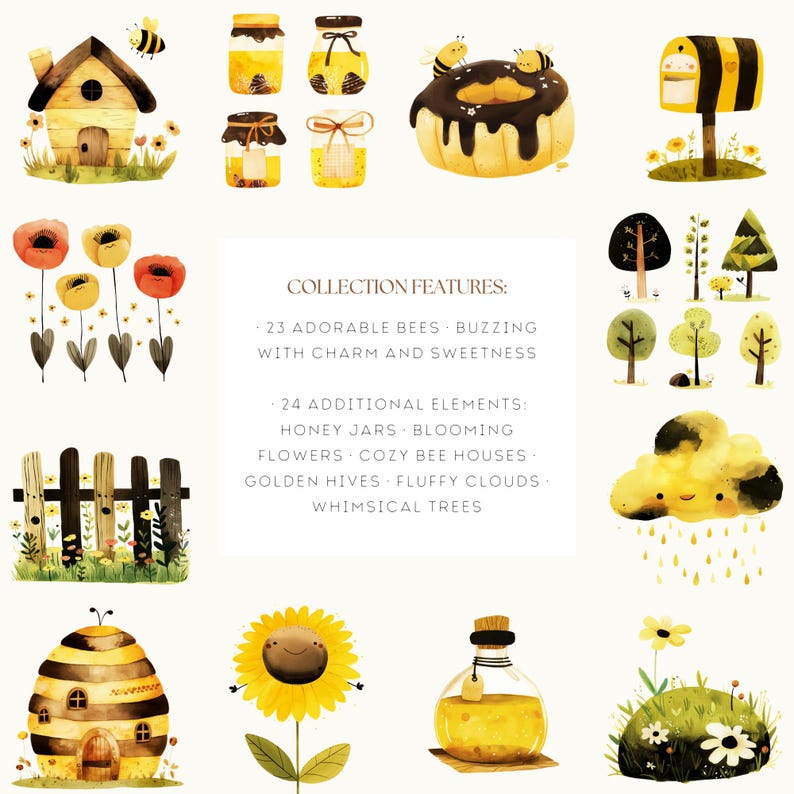 Sweet Honey Bees Clipart, Cute Bumblebee Illustrations, Watercolor Bee ...