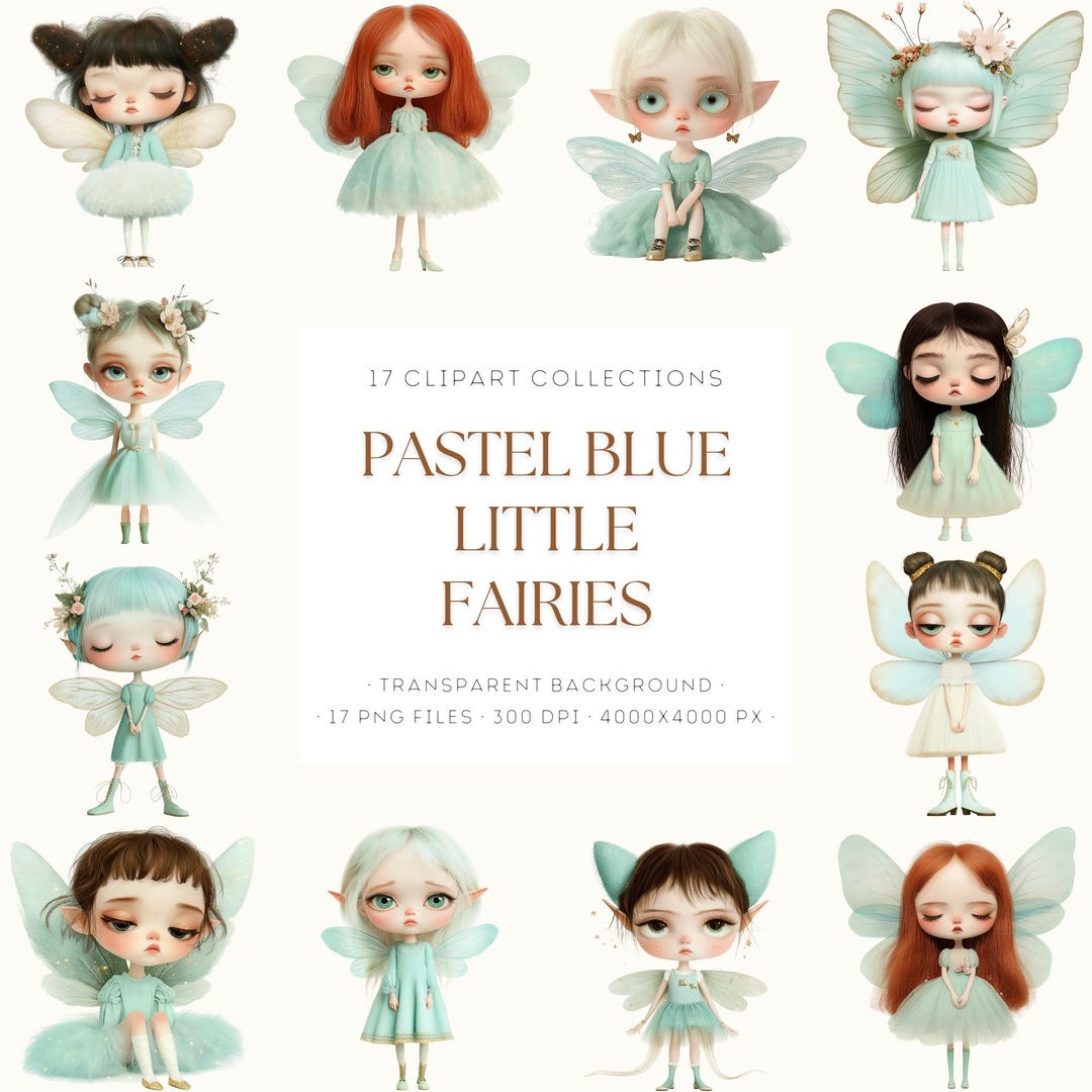 Pastel Blue Little Fairies Clipart, Dreamy Shy Fairy PNG, Soft Mint ...