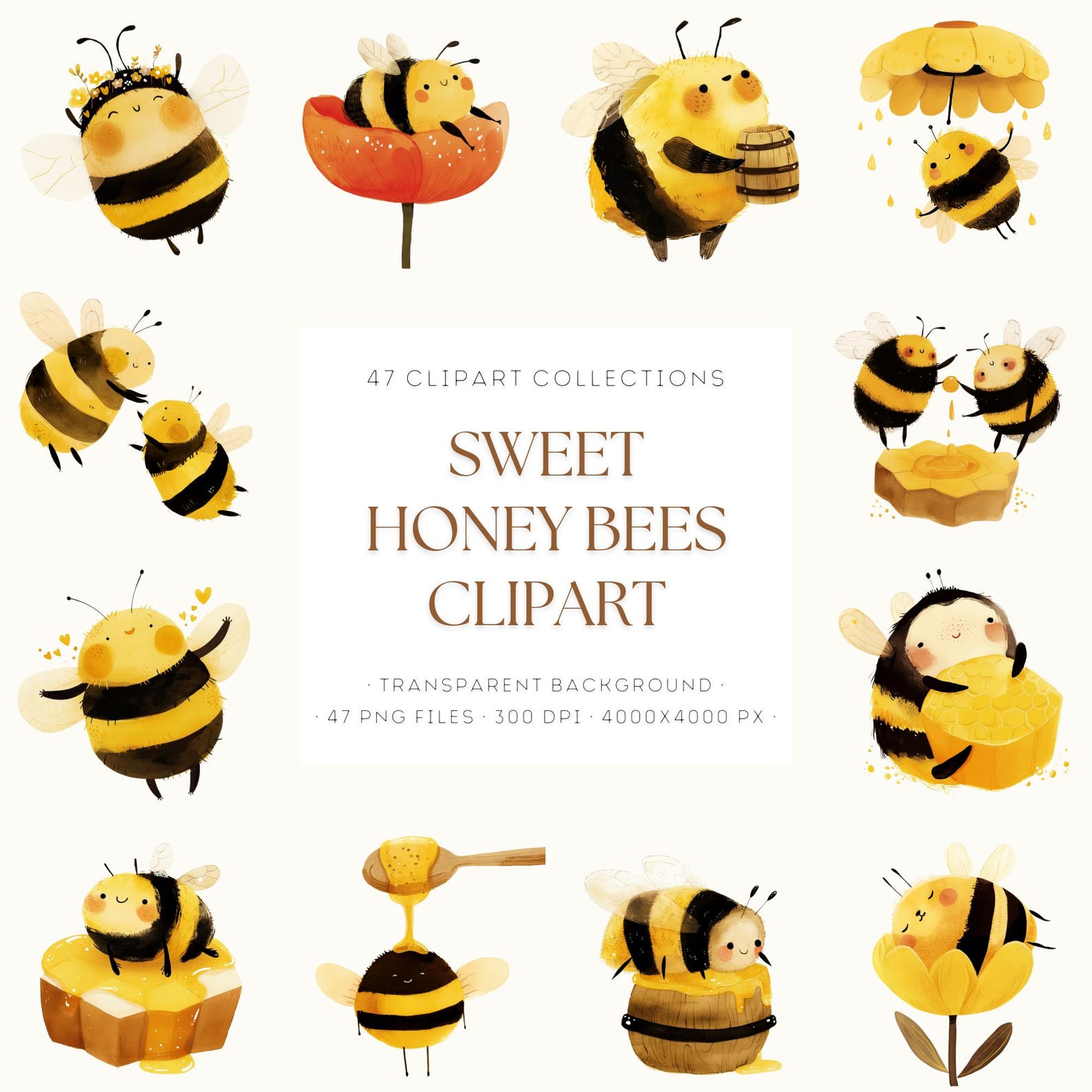Sweet Honey Bees Clipart, Cute Bumblebee Illustrations, Watercolor Bee ...