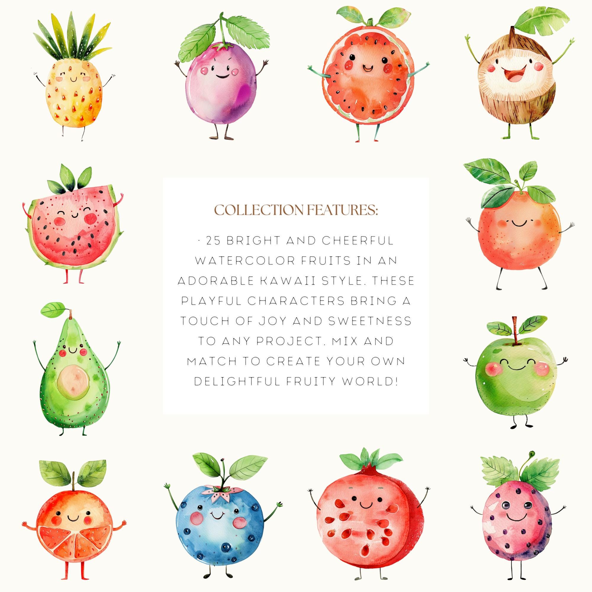 Cute Kawaii Fruits Clipart, Watercolor Happy Fruits PNG, Summer Fruit ...