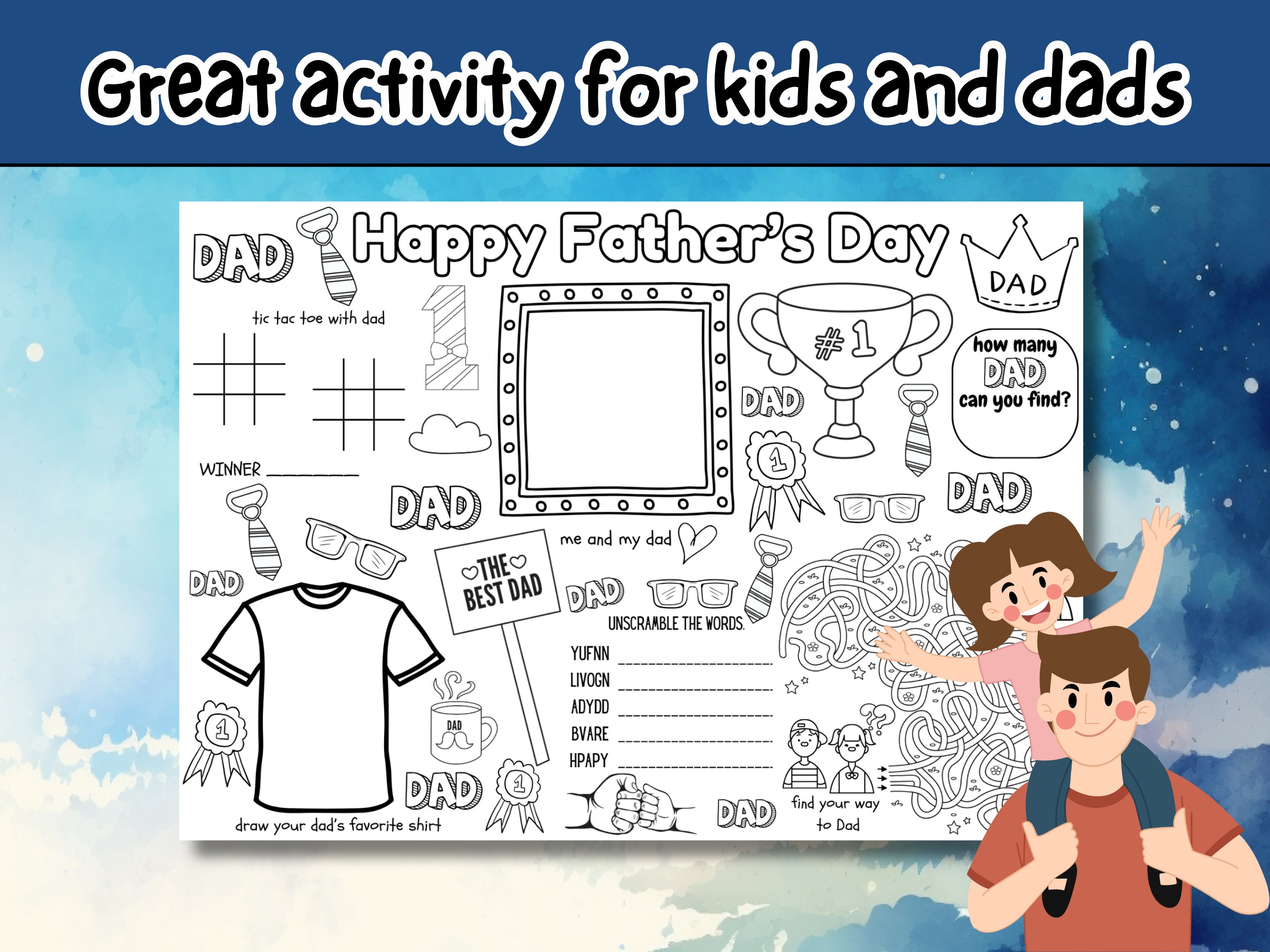 Father's Day Printable Coloring Placemat, Best Dad Celebration With ...