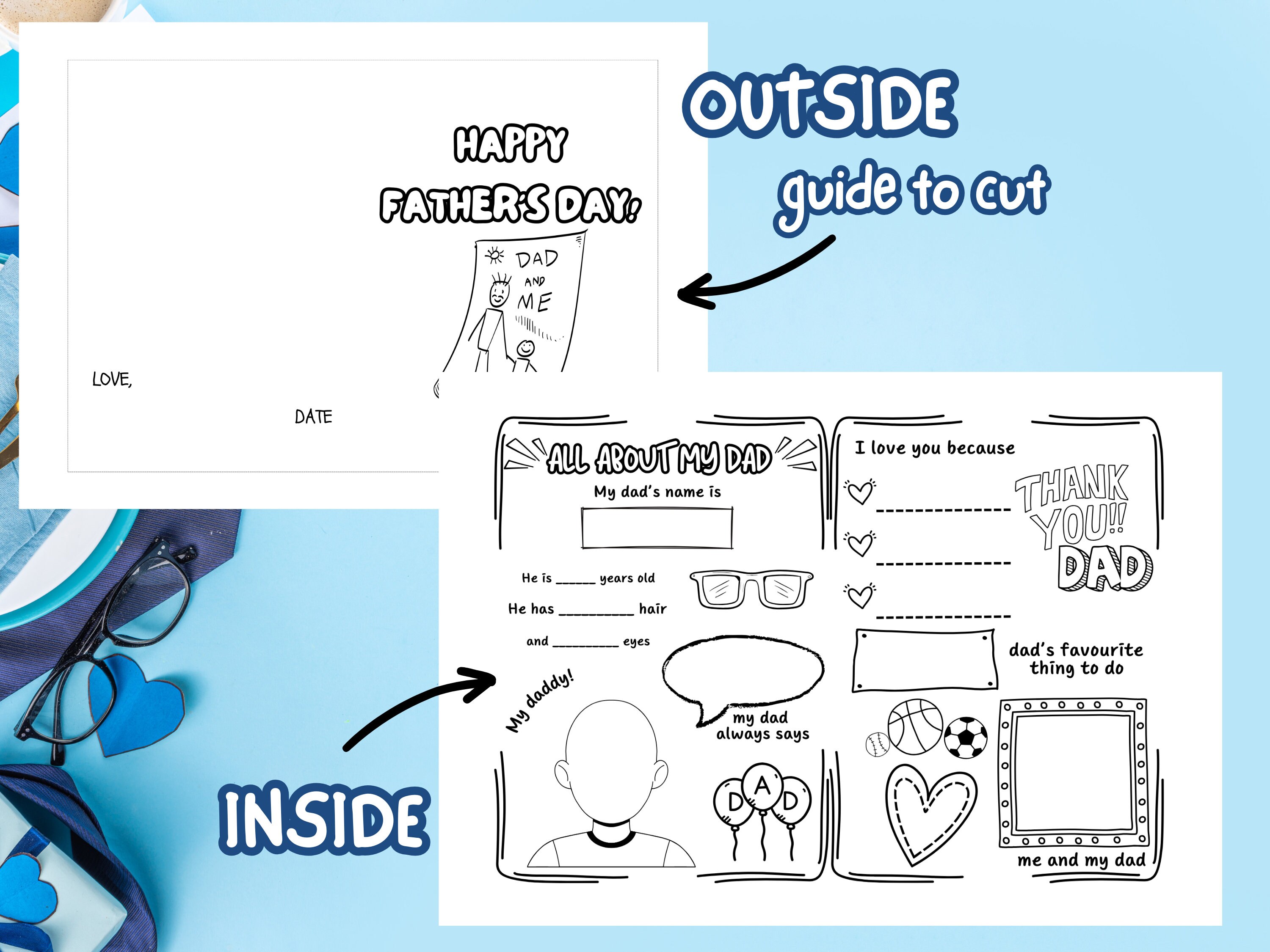 Printable Coloring Greeting Card, Happy Father's Day DIY Gift for Dad ...