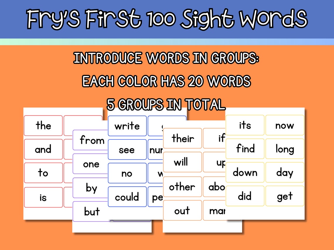 Sight Words Flash Cards, First 100 Fry's List Printable, High-frequency ...
