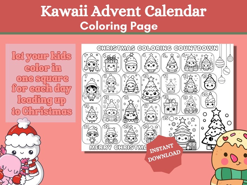 Advent Calendar Coloring Page, Christmas Kawaii Cute Countdown to ...