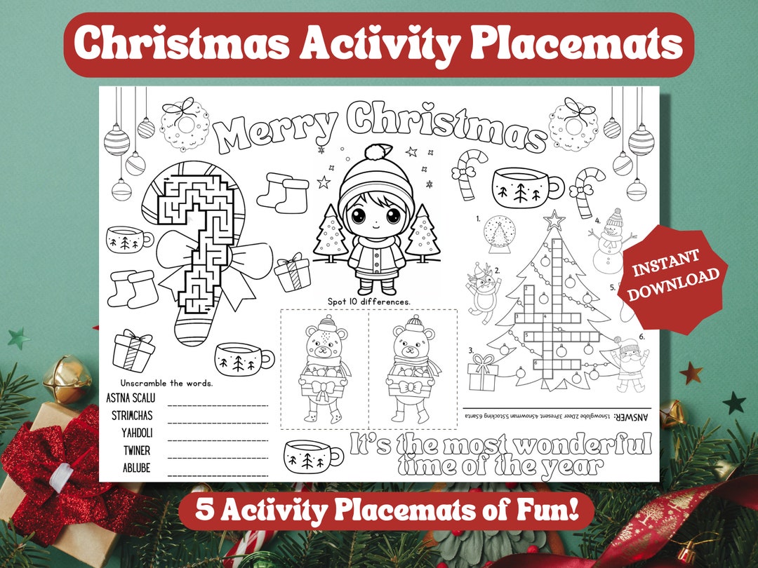 Christmas Printable Placemat for Kids, Coloring Activity Placemat Mazes ...