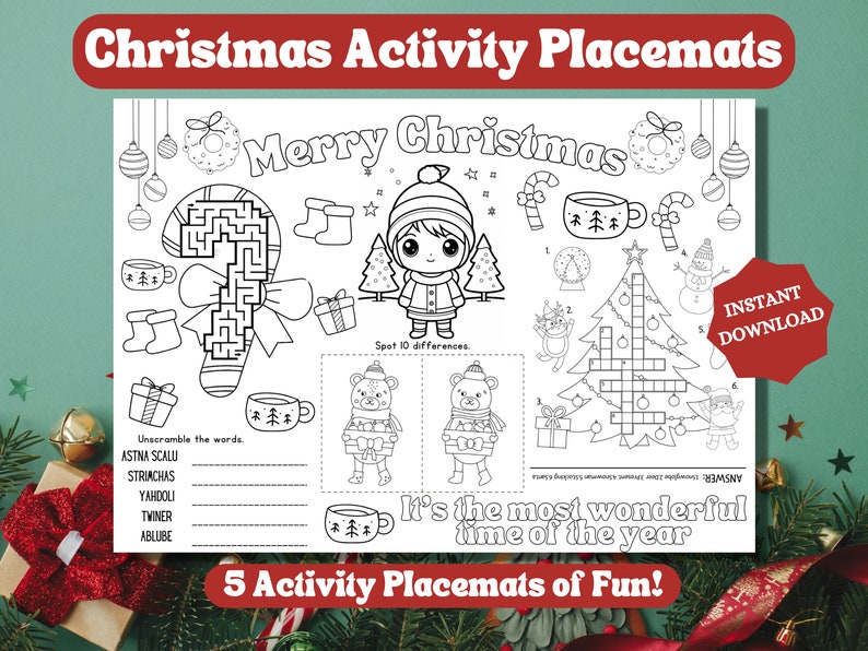 Christmas Printable Placemat for Kids, Coloring Activity Placemat Mazes ...