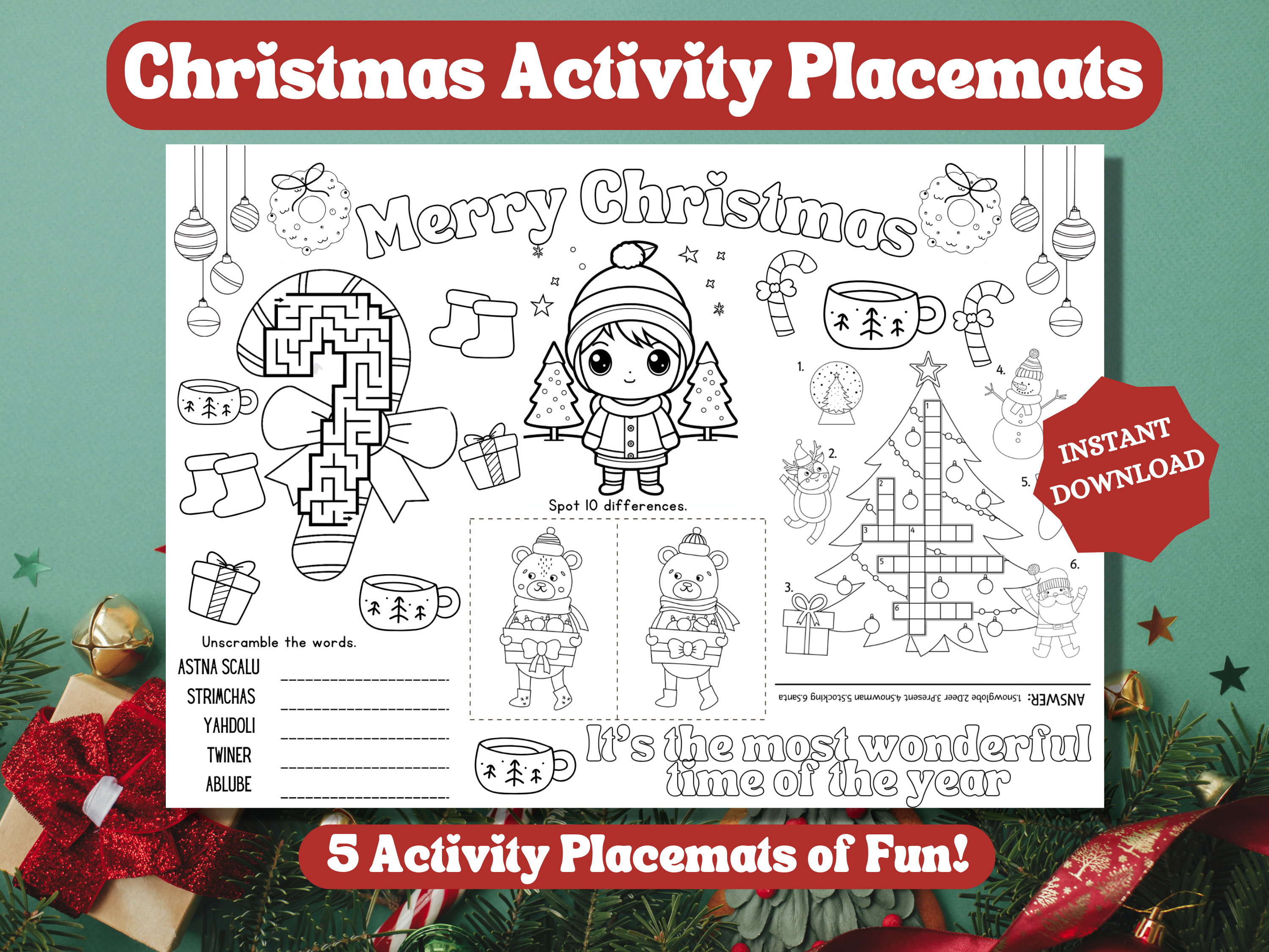 Christmas Printable Placemat for Kids, Coloring Activity Placemat Mazes ...