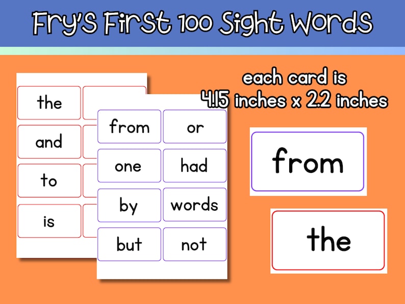 Sight Words Flash Cards, First 100 Fry's List Printable, High-frequency ...