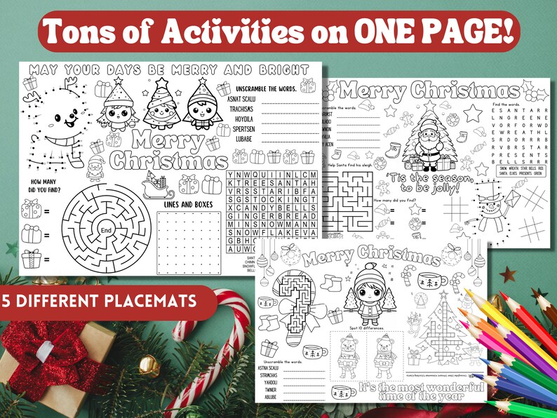 Christmas Printable Placemat for Kids, Coloring Activity Placemat Mazes ...