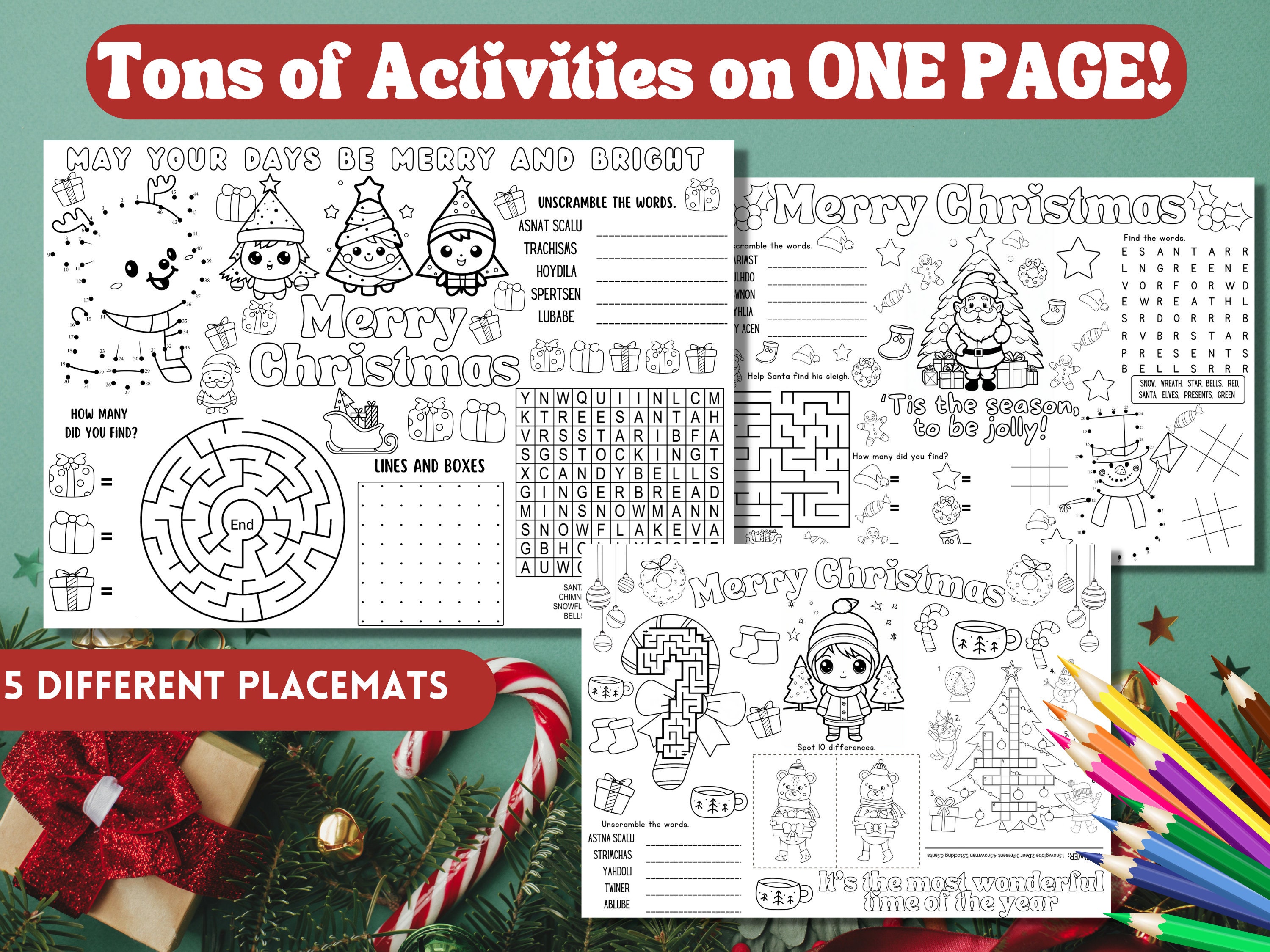 Christmas Printable Placemat for Kids, Coloring Activity Placemat Mazes ...